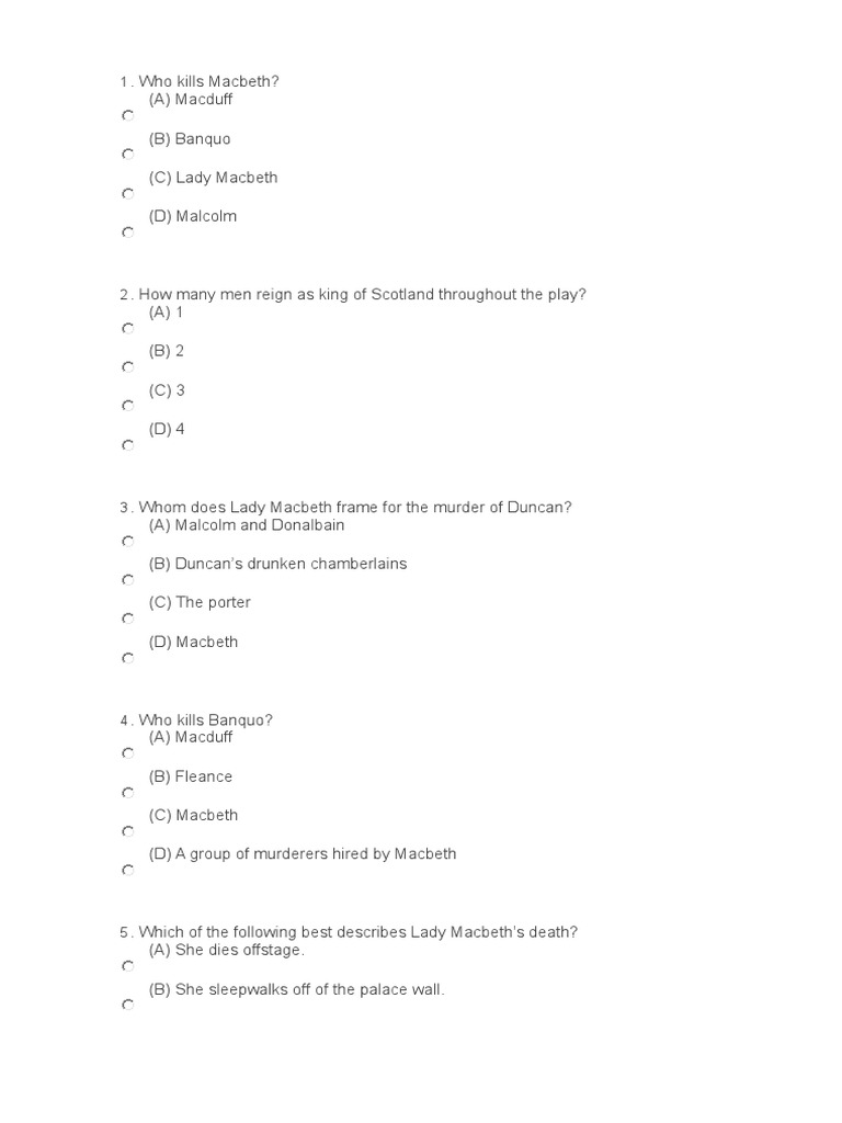 Macbeth Quiz | PDF | Macbeth | Shakespearean Tragedies