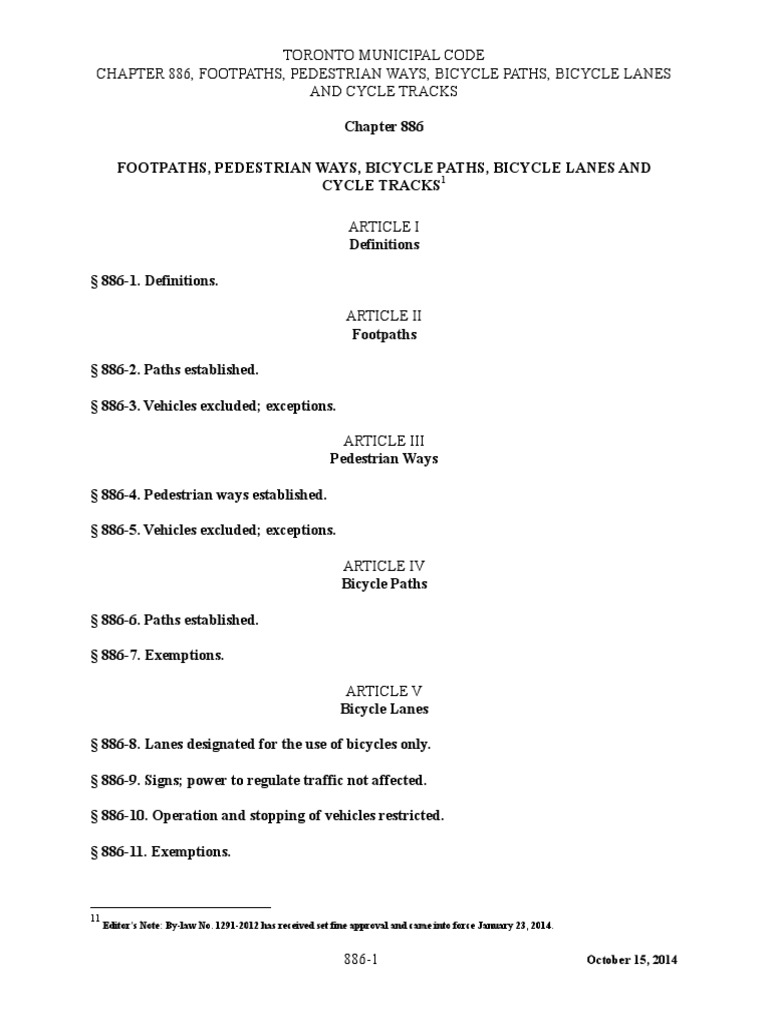 Toronto Municipal Code Chapter 886, Footpaths, Pedestrian Ways, Bicycle ...