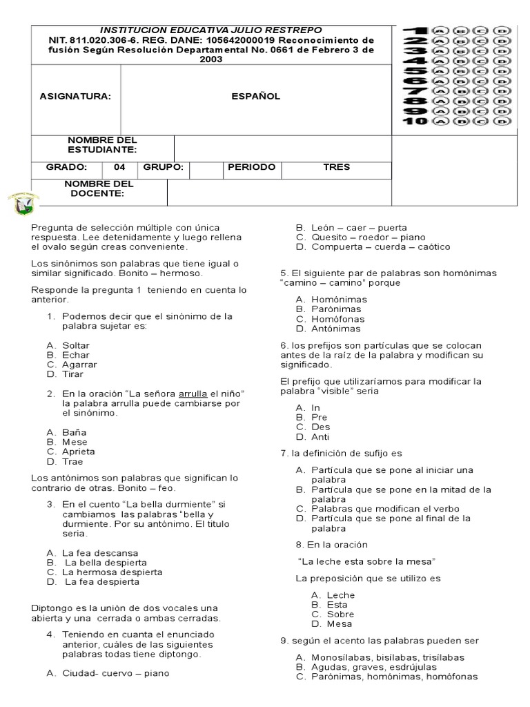 Prueba de Español 4 Periodo 3 | PDF | Palabra | Lengua española