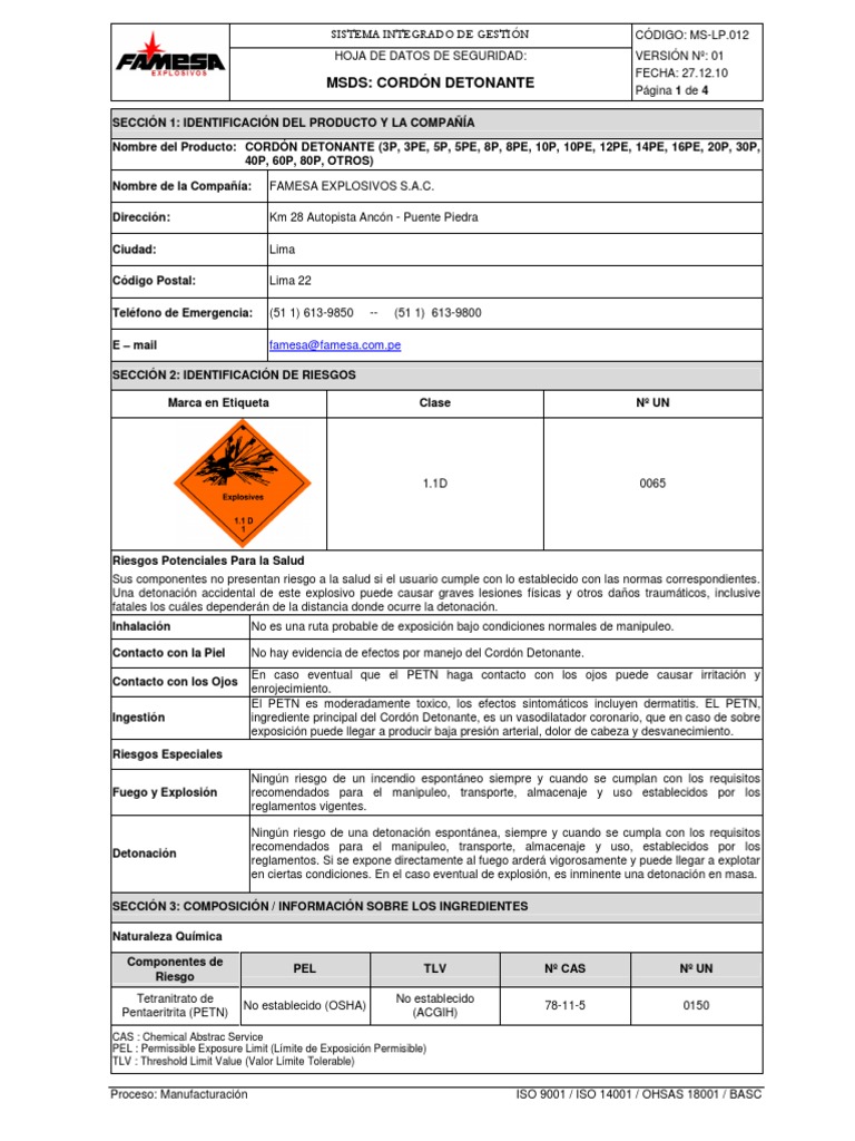 Msds - Cordon Detonante | PDF | Material explosivo | Descarga ...