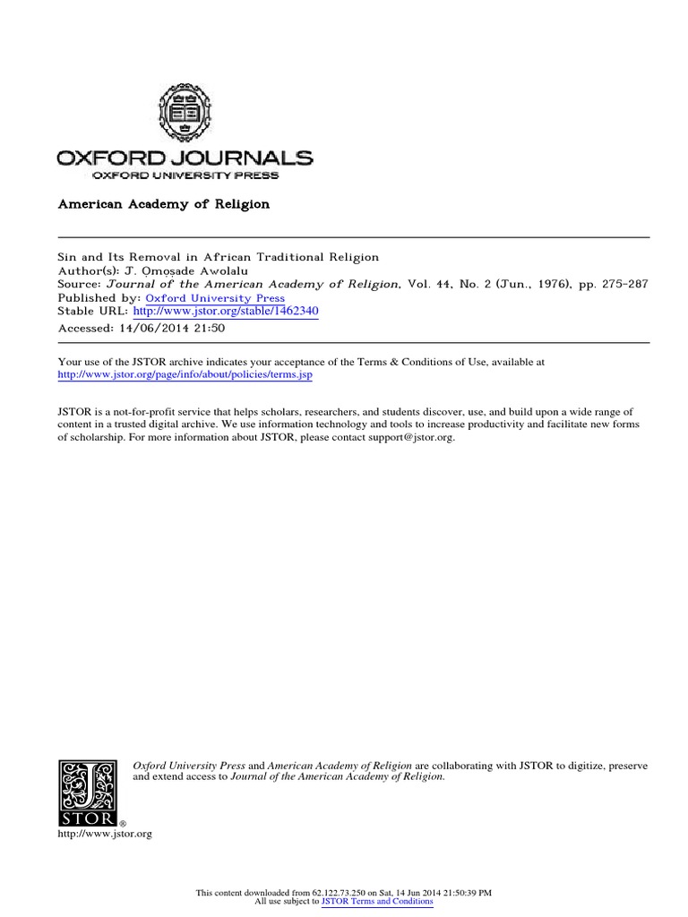 AWOLALU, Omosade. Sin and Its Removal in African Traditional Religion ...