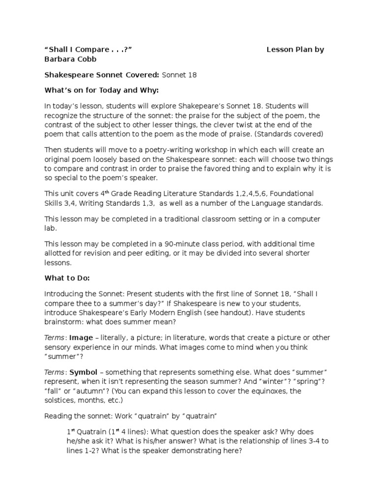 Sonnet 18 4th Grade Lesson Plan | Download Free PDF | Poetry | William ...