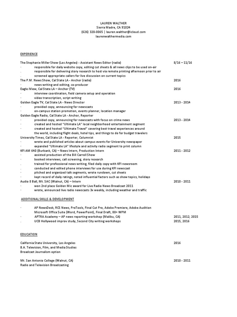 Lauren Walther CV/Resume | PDF | News Broadcasting | Broadcast Journalism