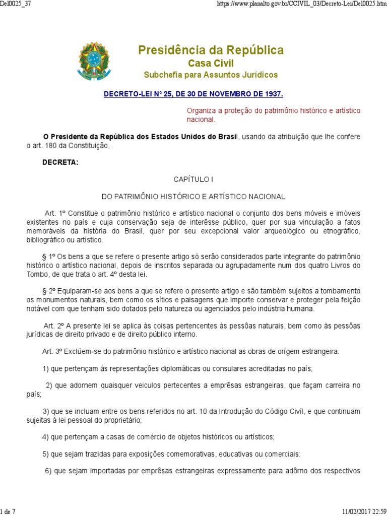 DECRETO LEI N 25 DE 30 11 1937 Lei Estatut ria Museu Avalia o