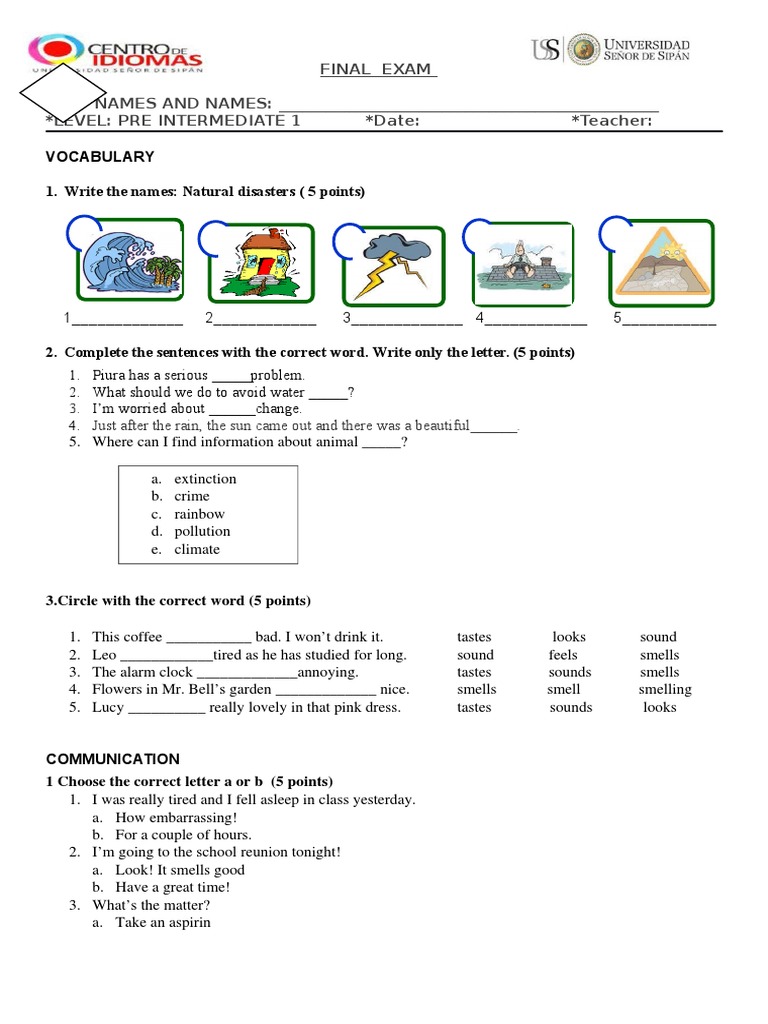Pre Intermediate 1 Final Exam | PDF | Leisure