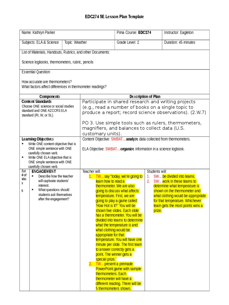 Edc274 5e Lesson Plan Template 1 | PDF | Lesson Plan | Vocabulary