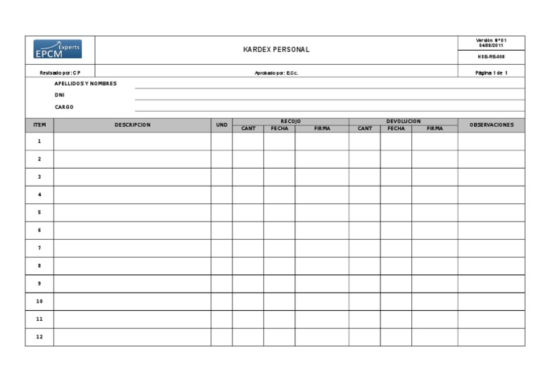 Hse Re 008 Kardex Personal | PDF