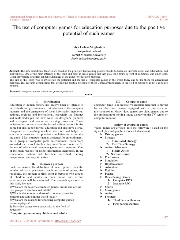 Educational Uses of Computer Games | PDF | Video Games | Online And Offline