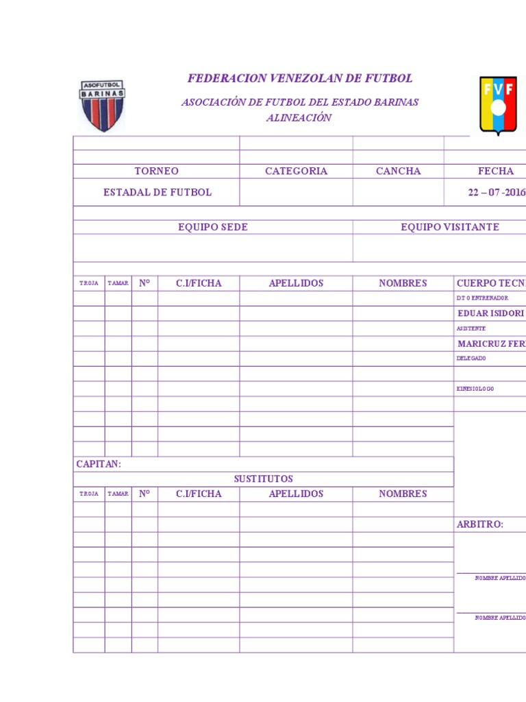 Hoja de Alineacion Futbol