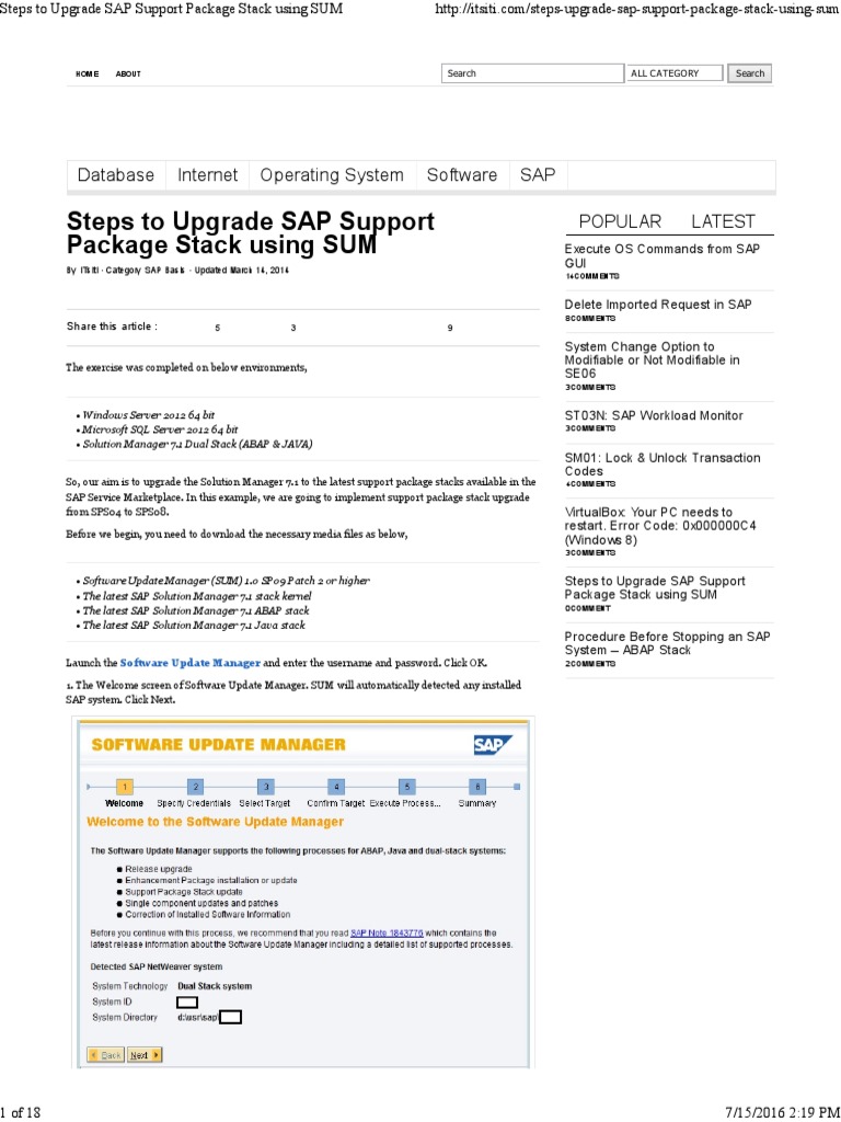 Steps To Upgrade Sap Support Package Stack Using Sum Pdf Operating System Microsoft Sql Server 