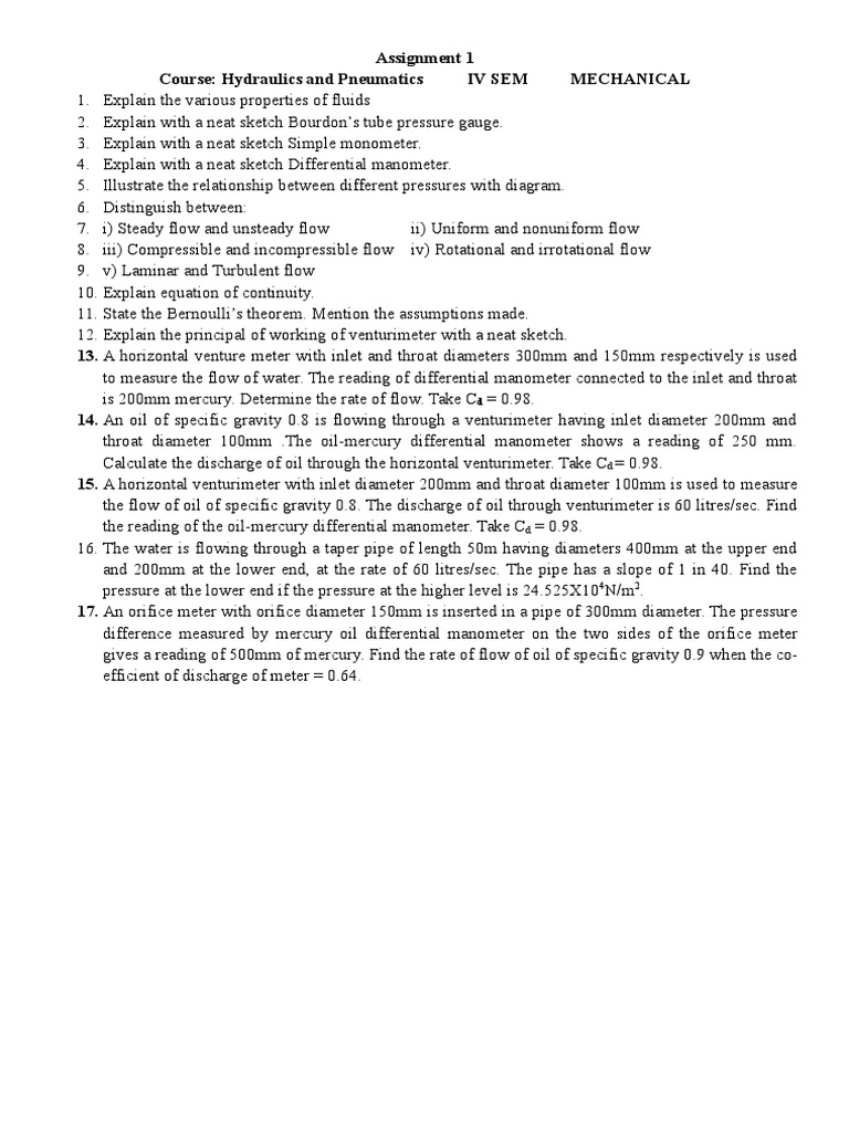 Assignments Hydraulics | PDF | Fluid Dynamics | Pressure Measurement