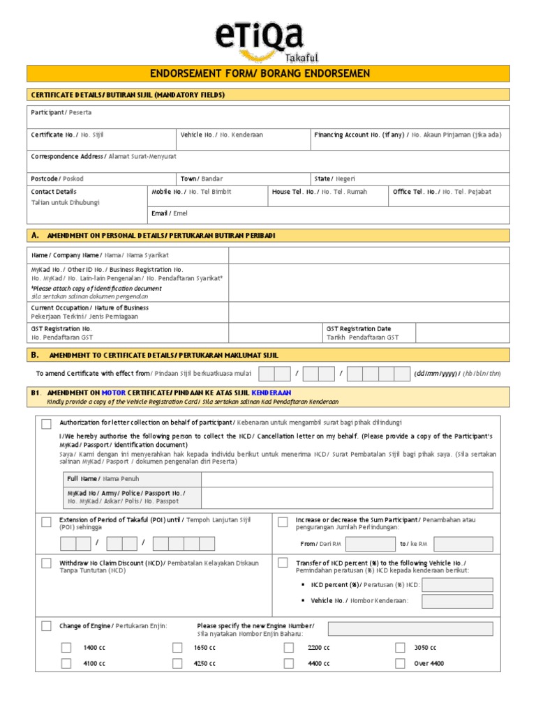 Endorsement Form ETB - Etiqa | PDF