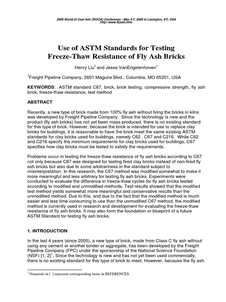 STANDARD Freeze and Thaw of Fly Ash Bricks ASTN C67 PDF | PDF | Fly Ash | Brick