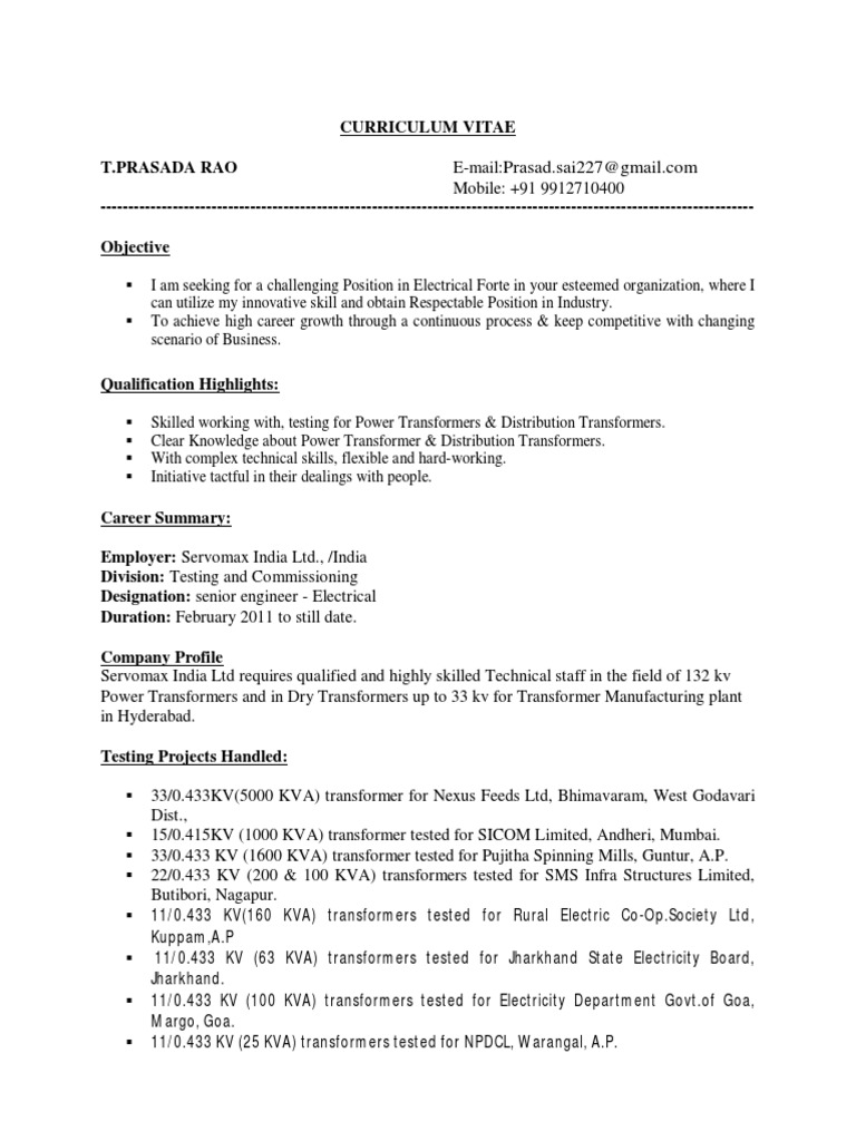 Resume of Prasad02 Testing | PDF | Transformer | Engineering