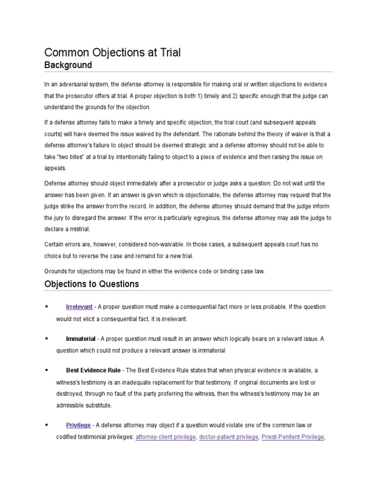 Common Trial Objections Explained | PDF | Testimony | Witness
