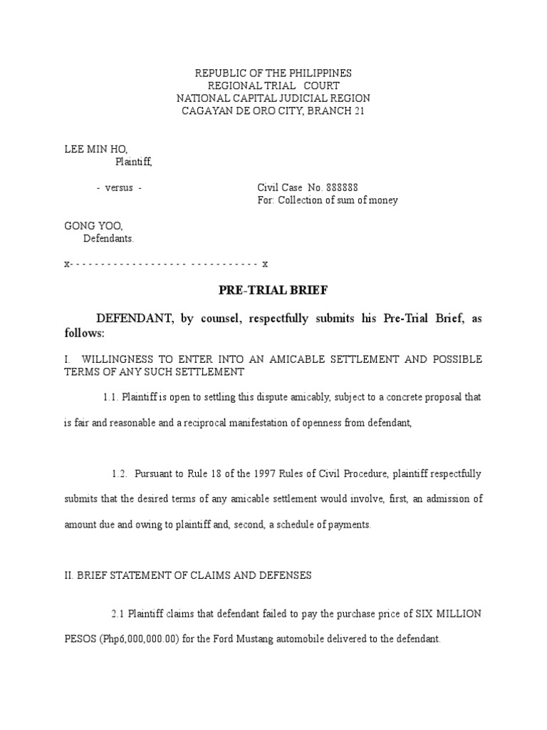 PRE-TRIAL Brief Collection of Money | PDF | Legal Procedure | Lawsuit
