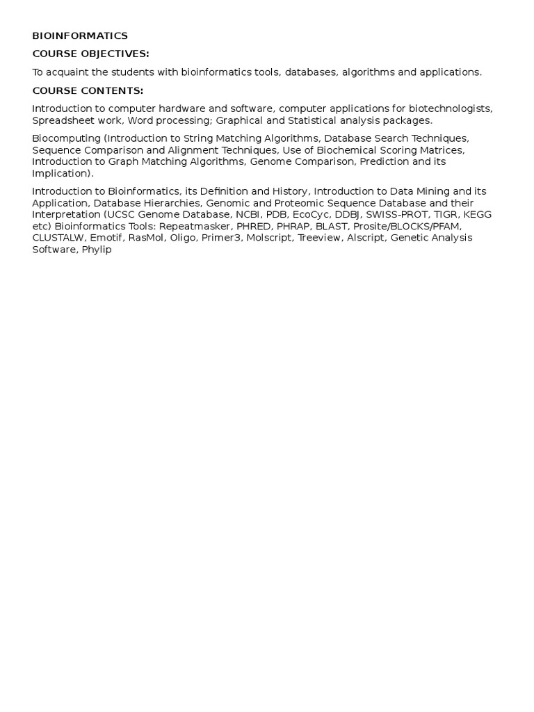 Bioinformatics Course Objectives | PDF