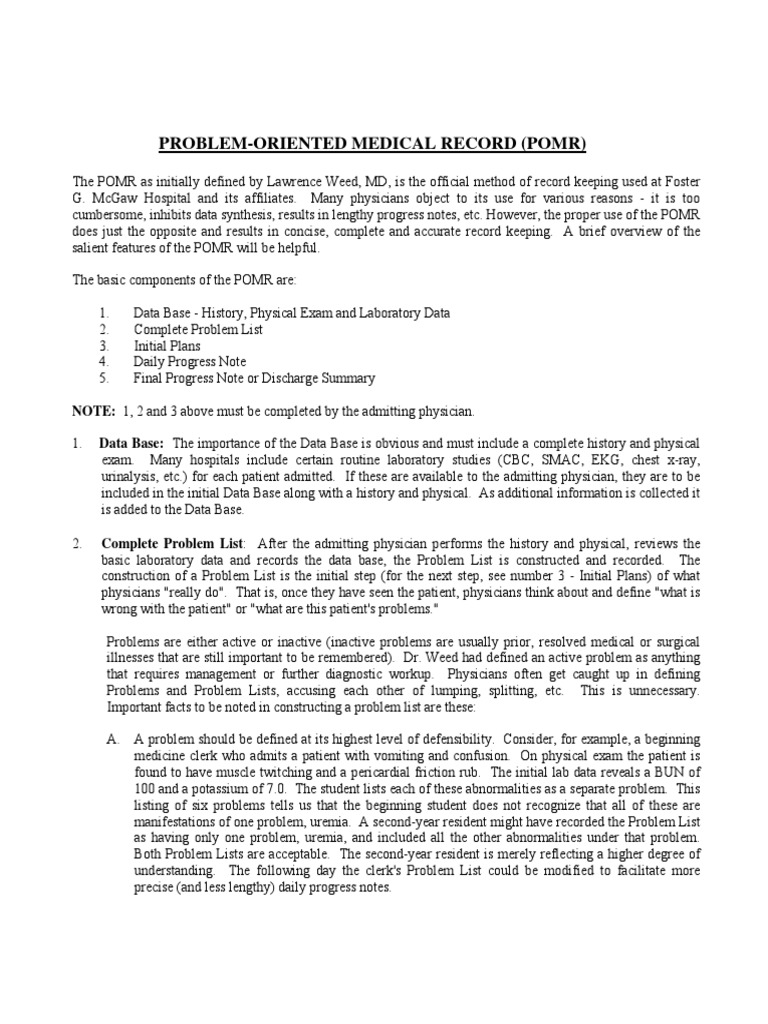 Problem-Oriented Medical Record (Pomr) | PDF