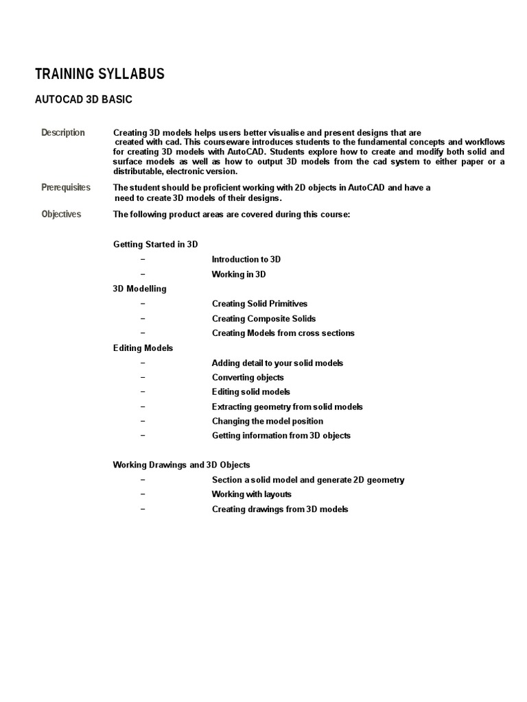 Training Syllabus: Autocad 3D Basic | PDF