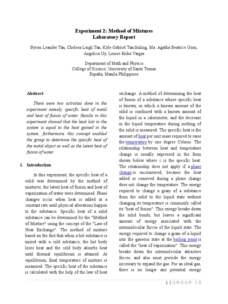 Experiment 2 - Methods of Mixtures | PDF | Latent Heat | Heat