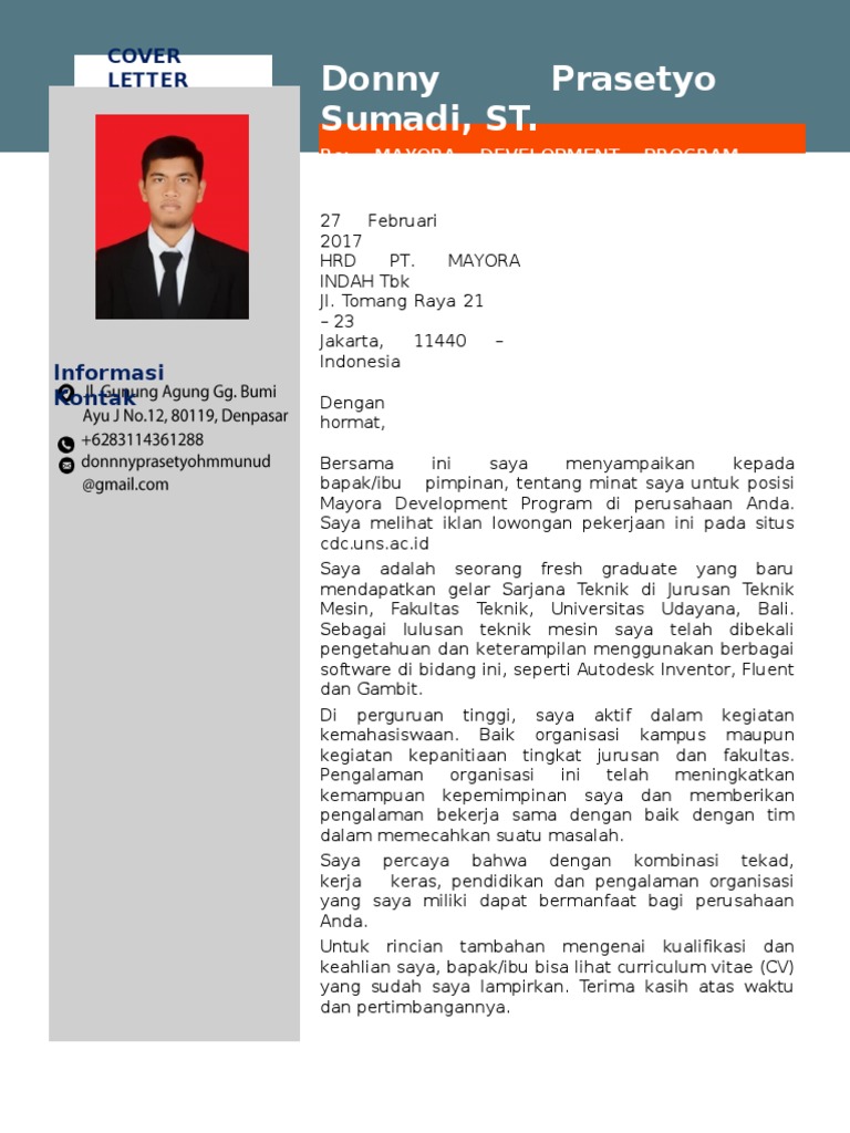 Surat Lamaran & CV - Donny Prasetyo Sumadi - MDP | PDF