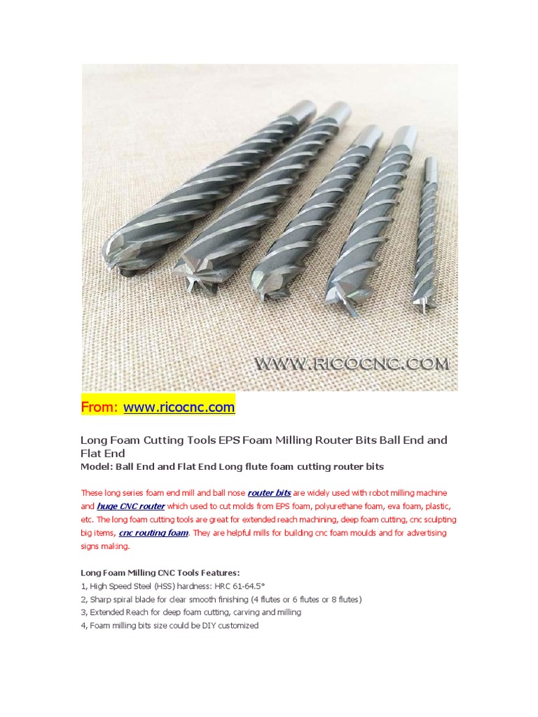 Long Foam Cutting Tools EPS Foam Milling Router Bits Ball End and Flat ...
