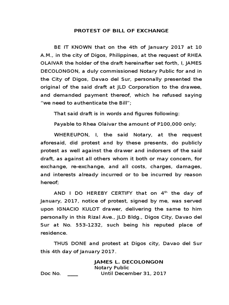Protest of Bill of Exchange and Notice of Protest | PDF | Negotiable ...