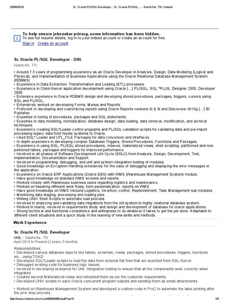 Sr Oracle Plsql Developer Pdf Oracle Database Pl Sql