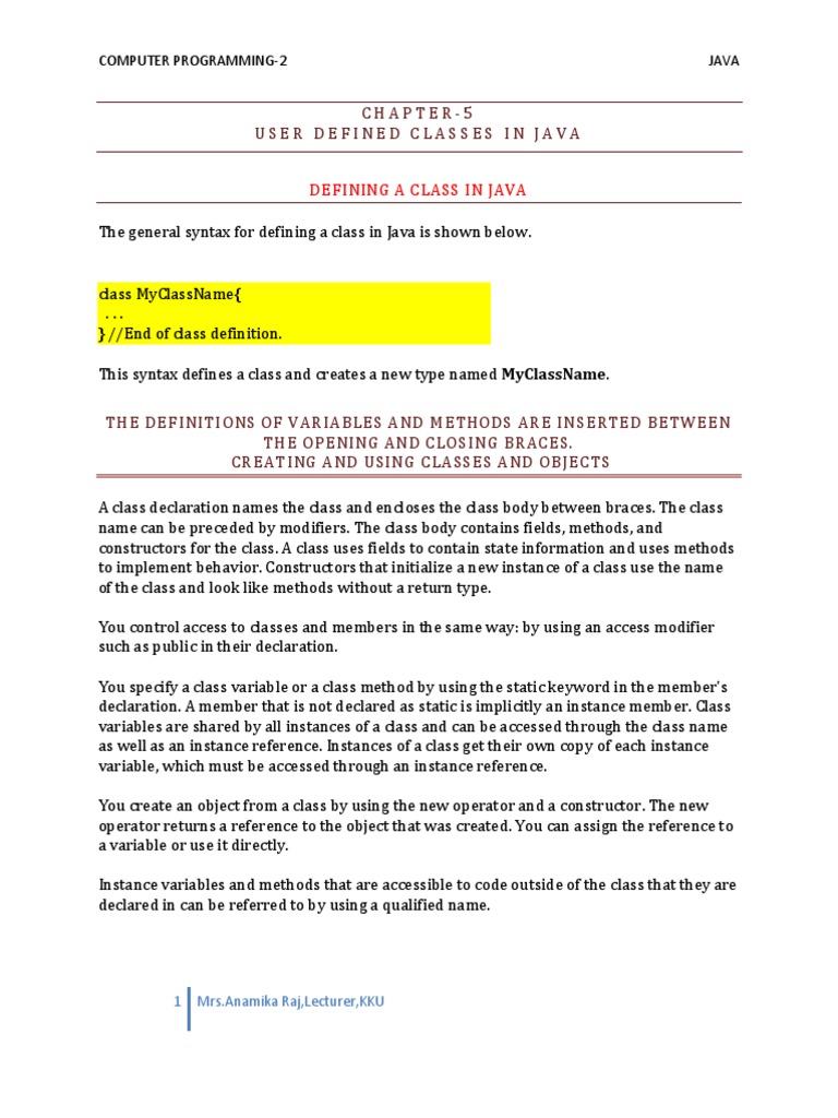 CH 5 User Defined Classes in Java | PDF | Class (Computer Programming) | Method (Computer ...