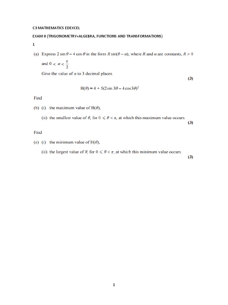 C3 Mathematics Edexcel Exam Ii (Trigonometry+Algebra, Functions and ...