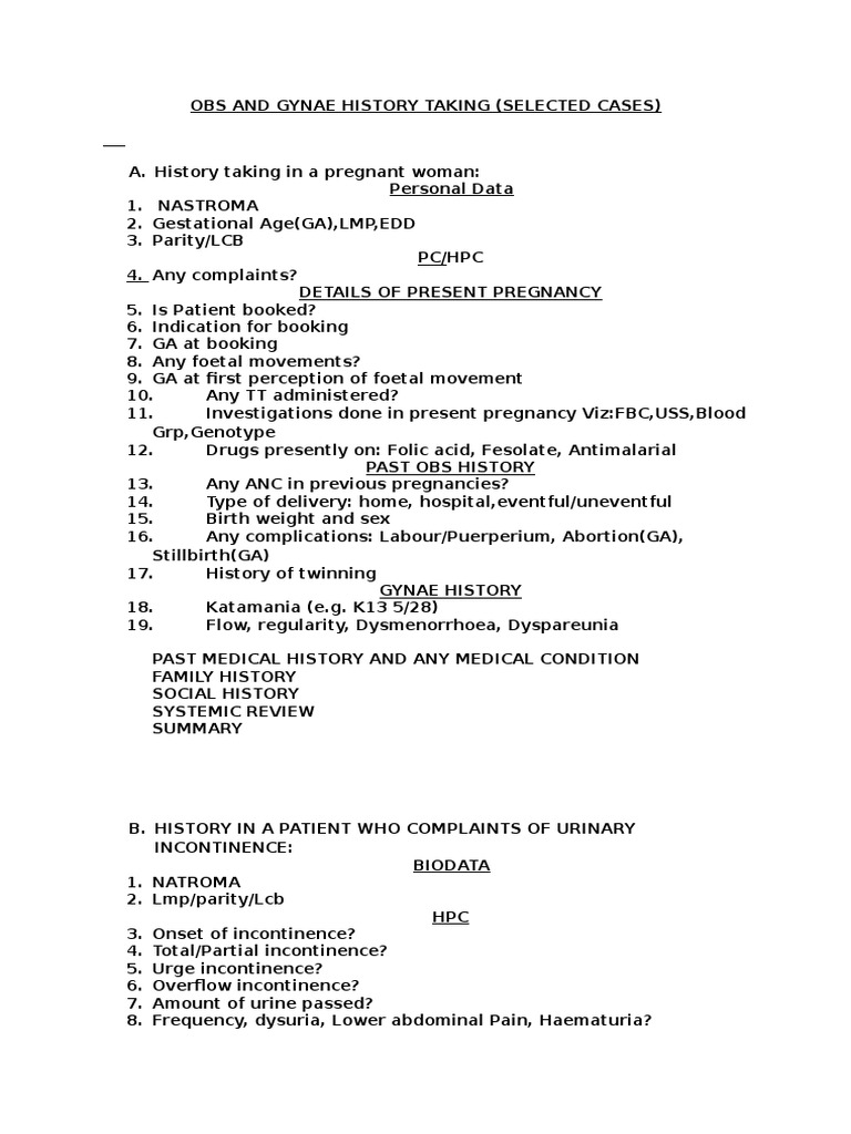 009obs and Gynae History Taking | PDF | Pregnancy | Childbirth