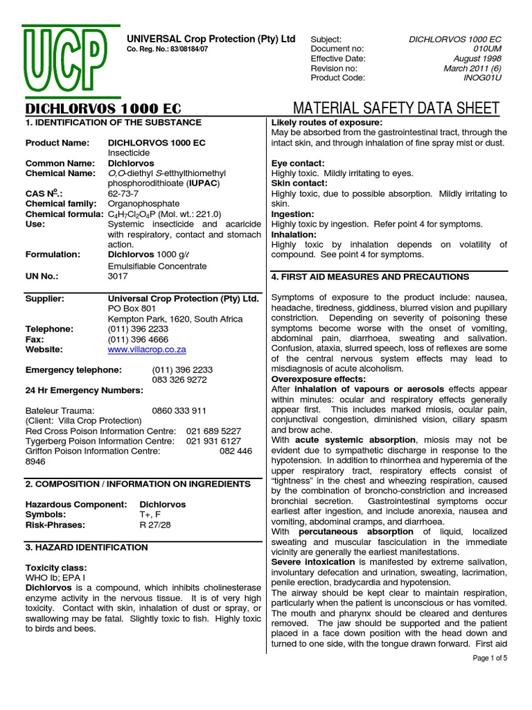 Dichlorvos Ec Ucp Msds | PDF | Toxicity | Personal Protective Equipment