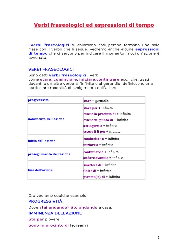 Verbi Fraseologici Ed Espressioni Di Tempo | PDF