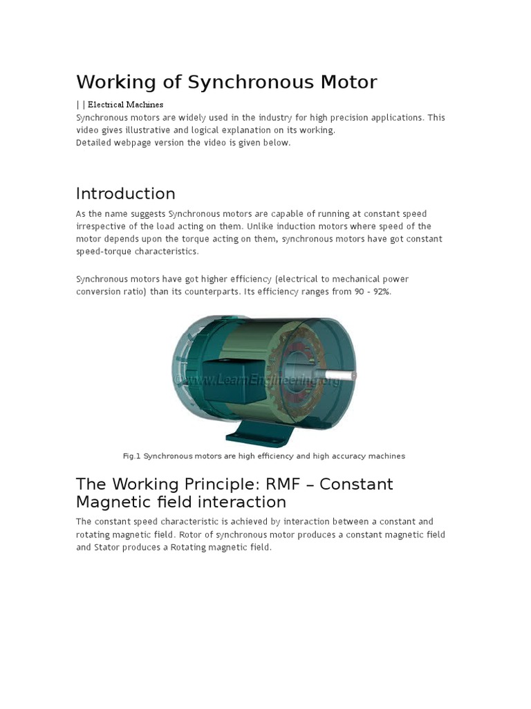 Synchronous Motor: Construction & Operation | PDF | Electrical ...