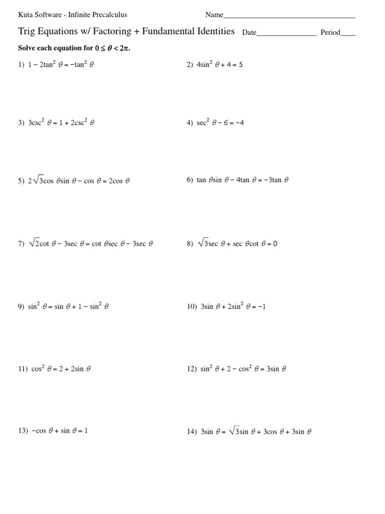 04 - Trig Equations W Factoring + Fundamental Identities PDF | PDF ...