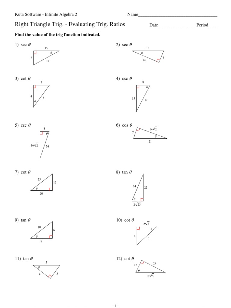 Right Triangle Trig Evaluating Ratios Pdf Pdf Sine Trigonometric