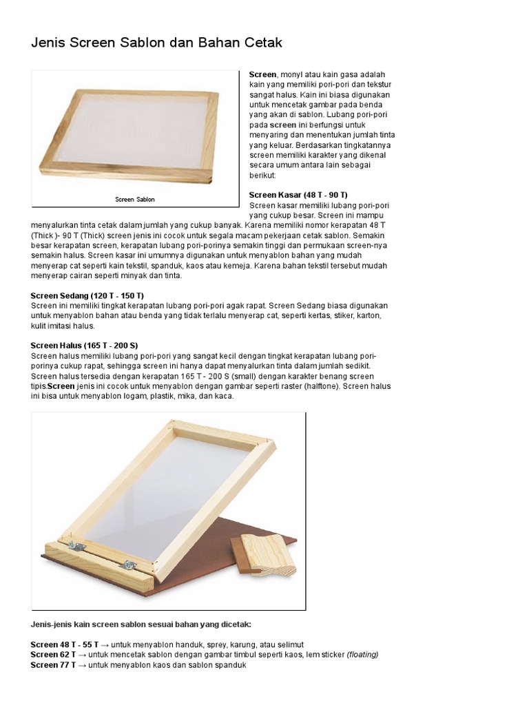 Jenis Screen Sablon dan Penerapannya sesuai Bahan yang Dicetak | PDF