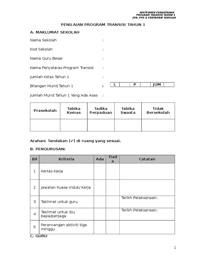 Penilaian Program Transisi Tahun 1 | PDF