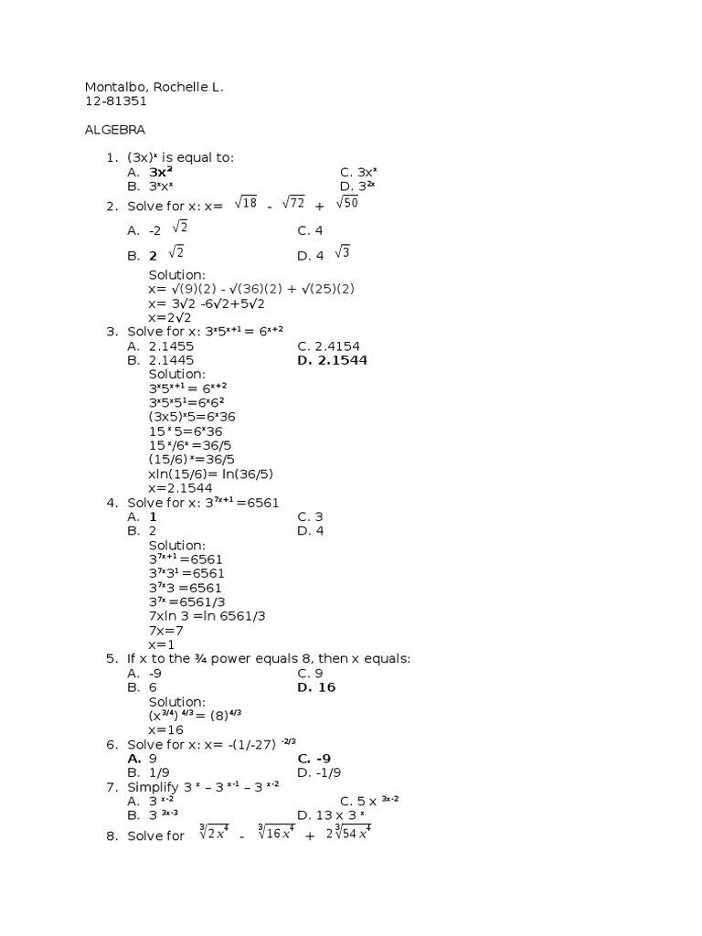 Algebra | PDF | Quadratic Equation | Elementary Mathematics