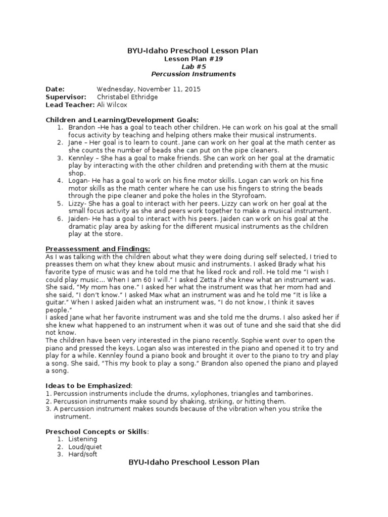 BYU-Idaho Preschool Percussion Lesson Plan | PDF | Musical Instruments ...