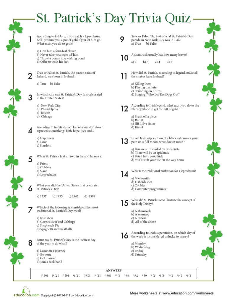 St. Patrick's Trivia | PDF | Saint Patrick | Religion And Belief