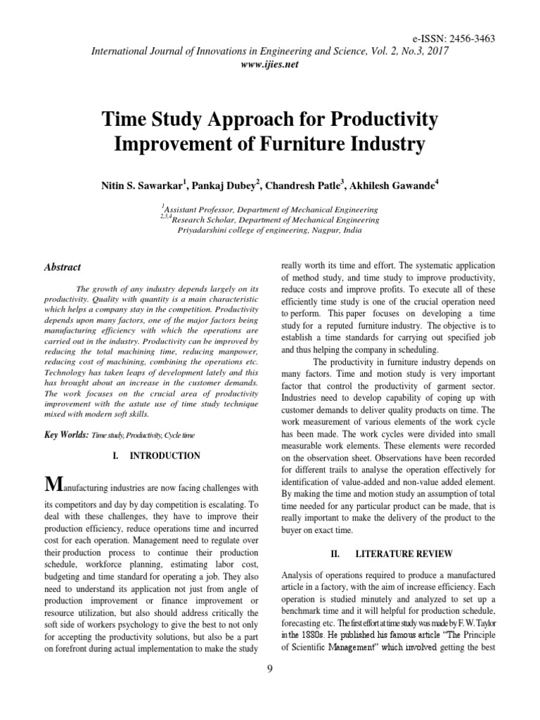 Time Study Approach For Productivity Improvement of Furniture Industry ...