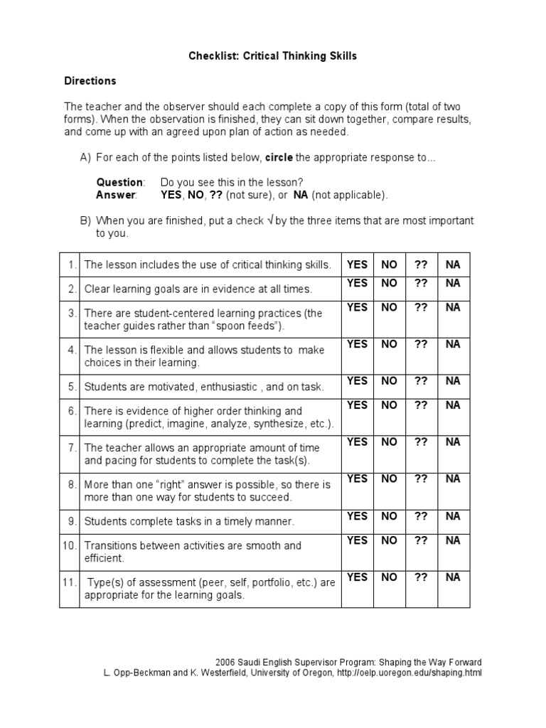 Critical Thinking Checklist | PDF | Critical Thinking | Educational ...
