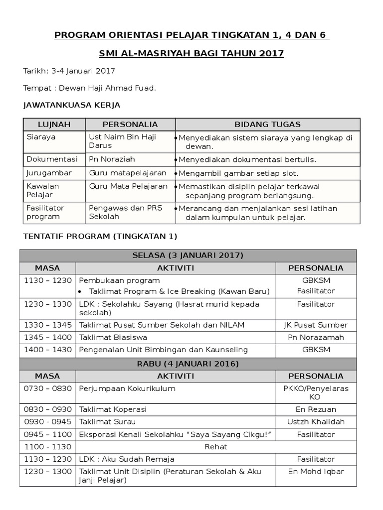 Program Orientasi Pelajar Tingkatan 1 | PDF