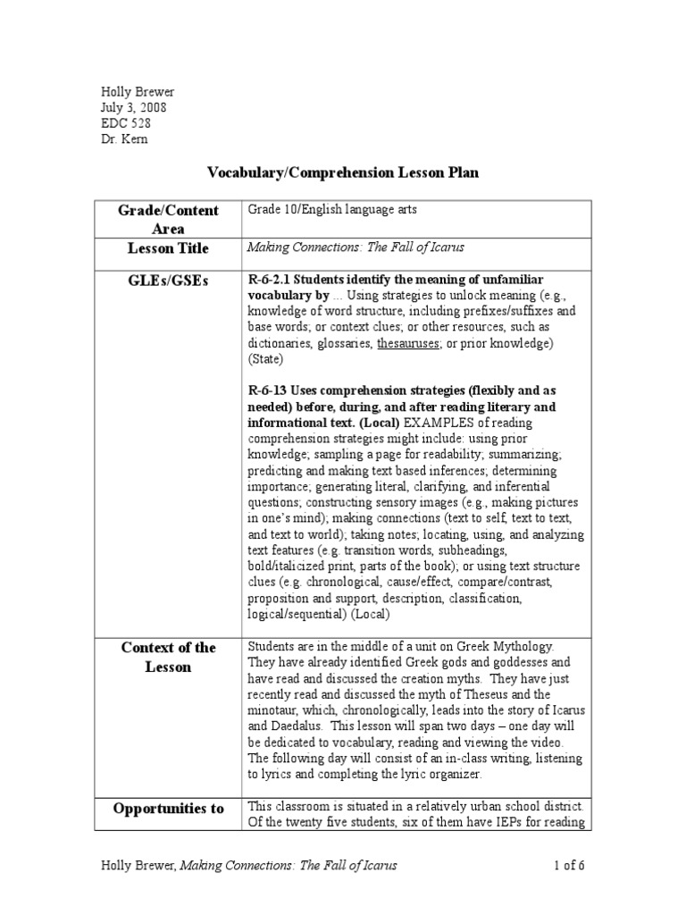 The Fall of Icarus Lesson Plan | PDF | Reading Comprehension | Cognition