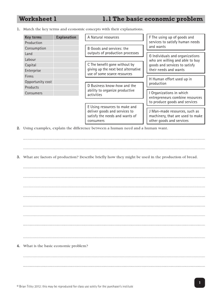 Worksheet The Basic Economic Problem | PDF | Factors Of Production | Economics