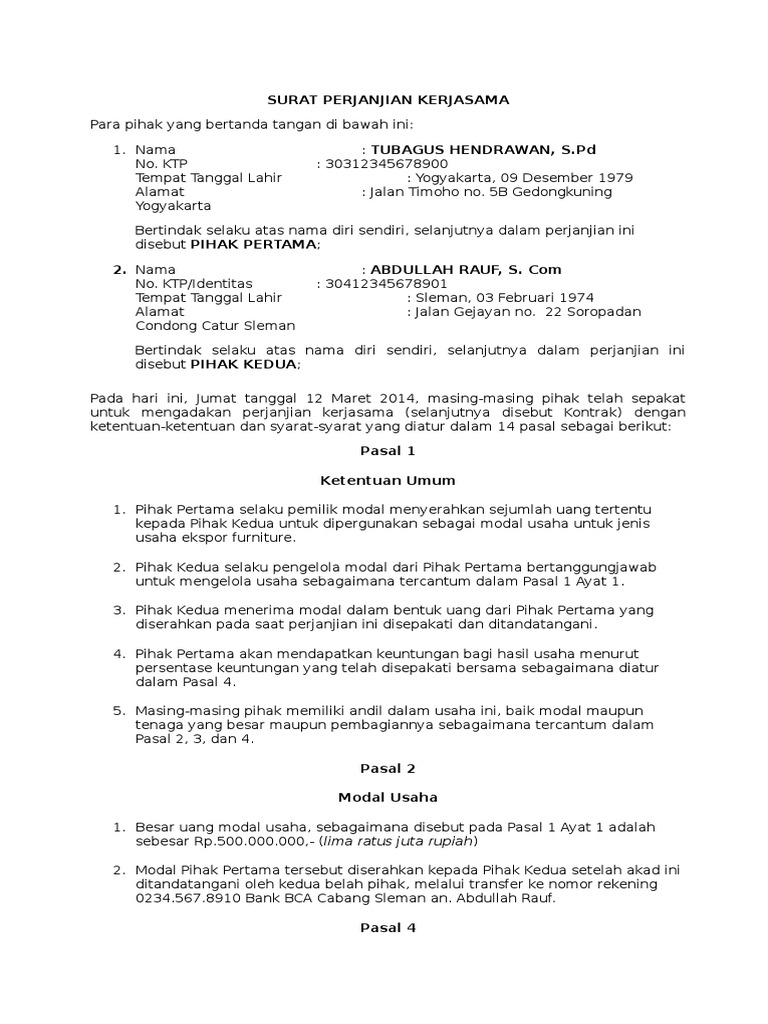 Contoh Format Surat Perjanjian Kontrak Kerjasama | PDF