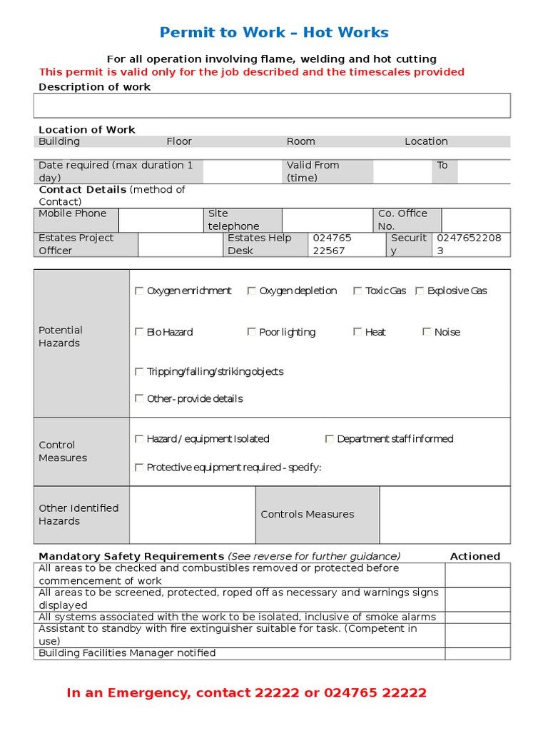 Permit To Work - Hot Works: This Permit Is Valid Only For The Job ...