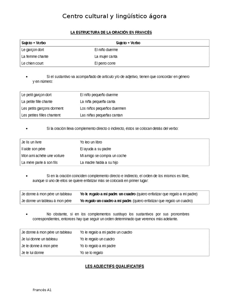 Estructura de Oraciones en Francés | PDF | Adjetivo | Idioma francés