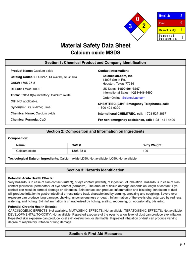 Msds Cao | PDF | Toxicity | Solubility